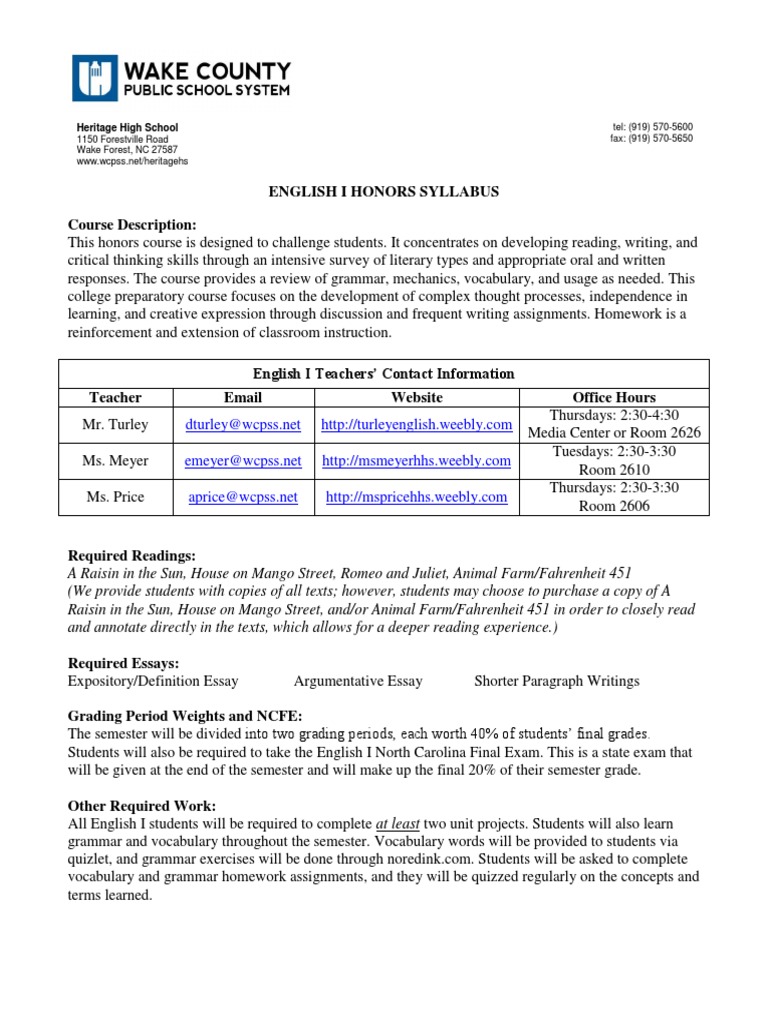 English I Honors Syllabus - Fall 2017 | PDF | Homework | Essays