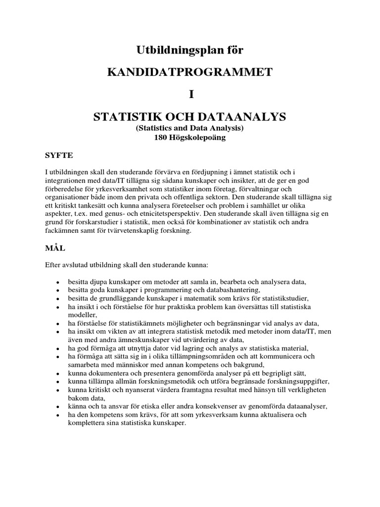 Utbildningsplan Statistik Och Dataanalys | PDF