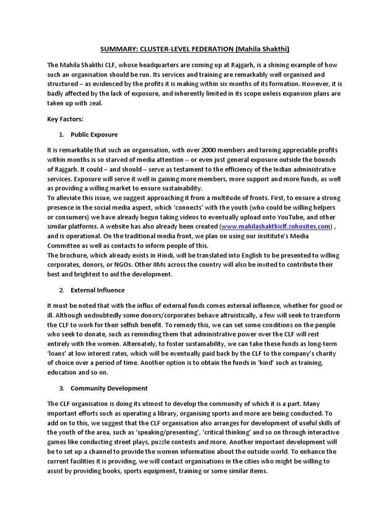 Summary: Cluster-Level Federation (Mahila Shakthi) : Key Factors | PDF ...