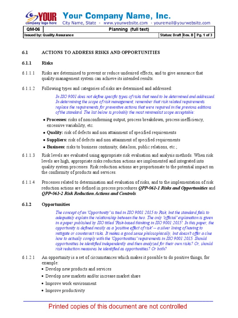 6.1 Actions To Address Risks And Opportunities 6.1.1 Risks: QM-06 ...