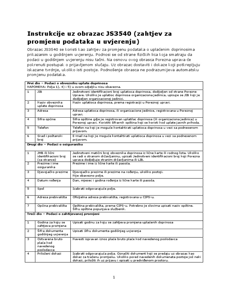 Instrukcije Za Popunjavanje Obrasca JS3540 PDF | PDF