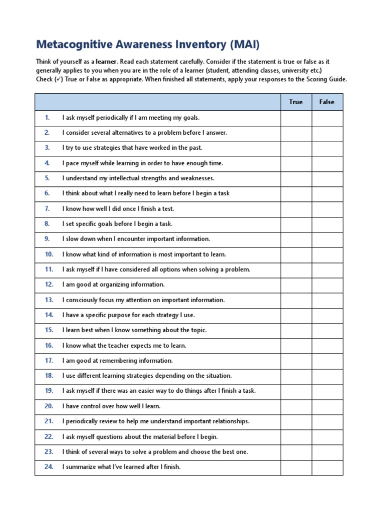 Metacognitive Awareness Inventory (MAI) : True False | PDF ...