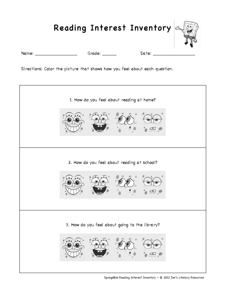 Spongebob Reading Interest Inventory - © 2012 Jen'S Literacy Resources ...