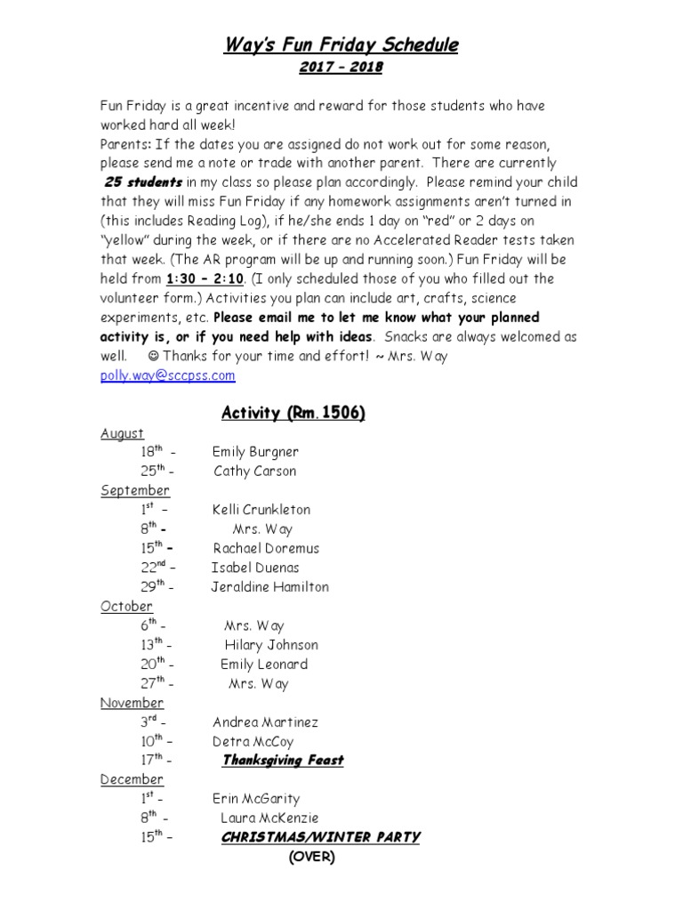 Fun Friday Schedule 2017-2018 | PDF | Violence | Unrest