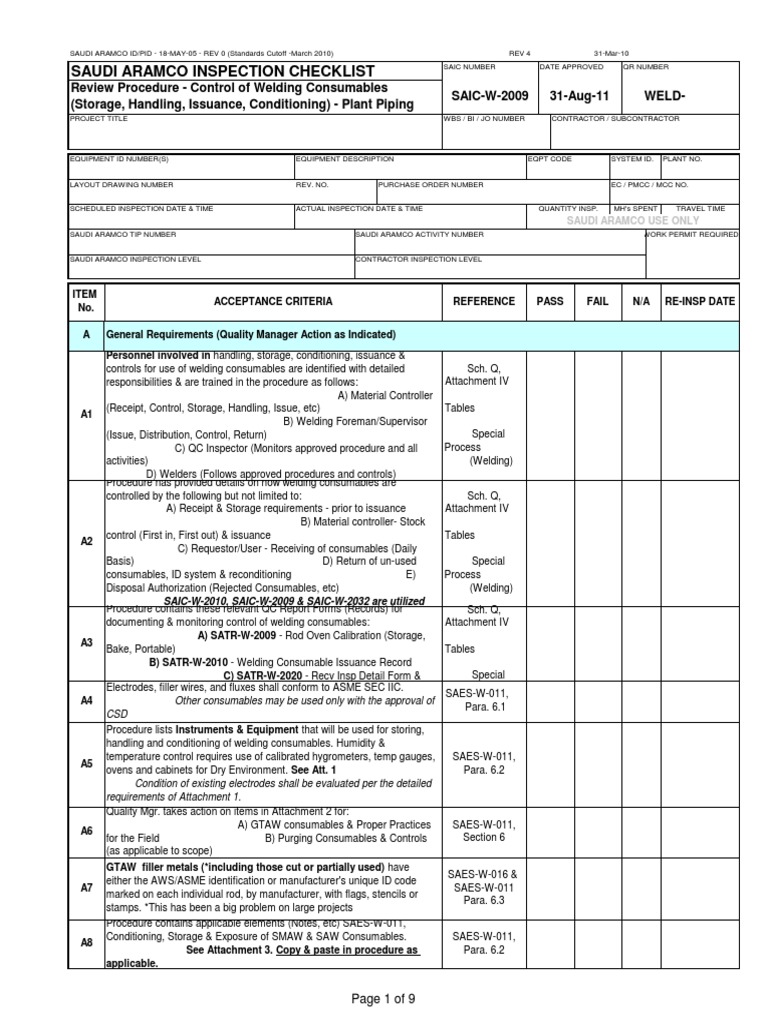 Saudi Aramco Inspection Checklist | Download Free PDF | Welding ...