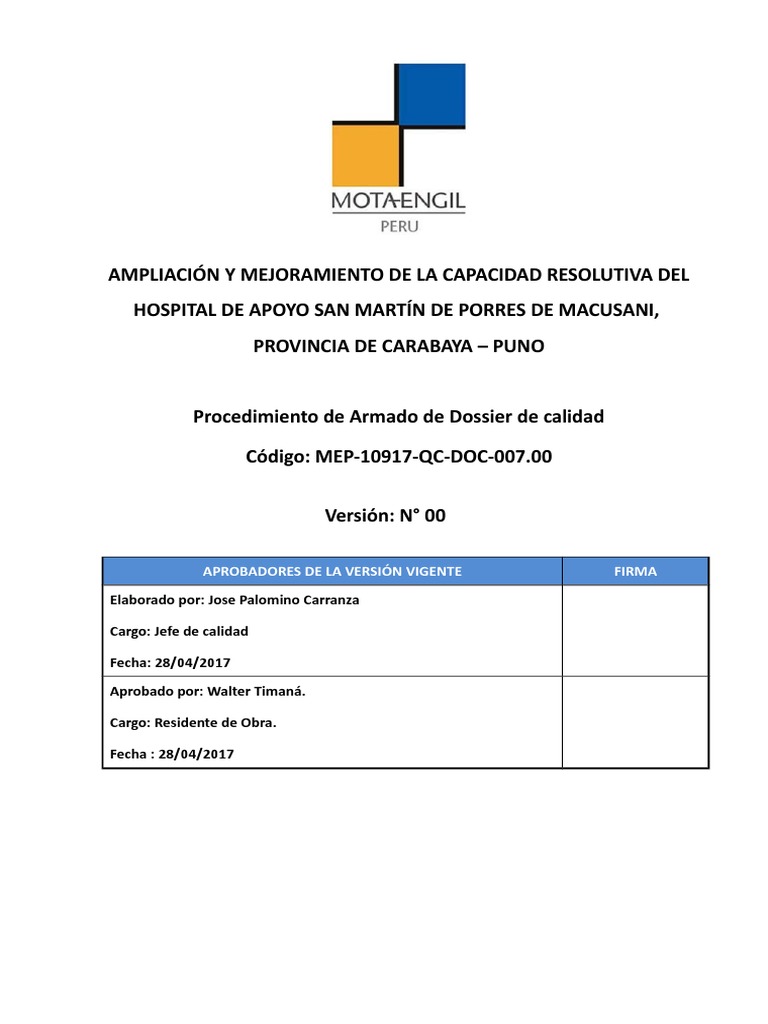 MEP-10917-QC-DOC-007.00 Procedimiento Armado de Dossier de Calidad Rev 00 | PDF | Gestión de la ...