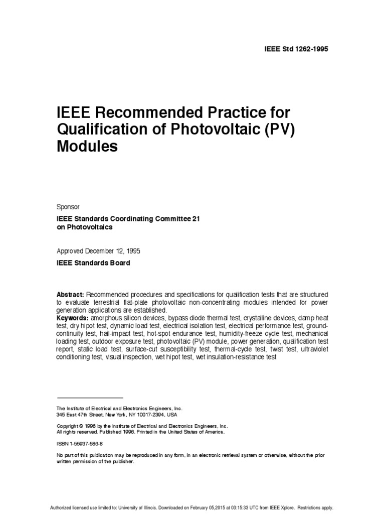 Ieee Recommended Practice For Qualiþcation of Photovoltaic (PV) Modules ...