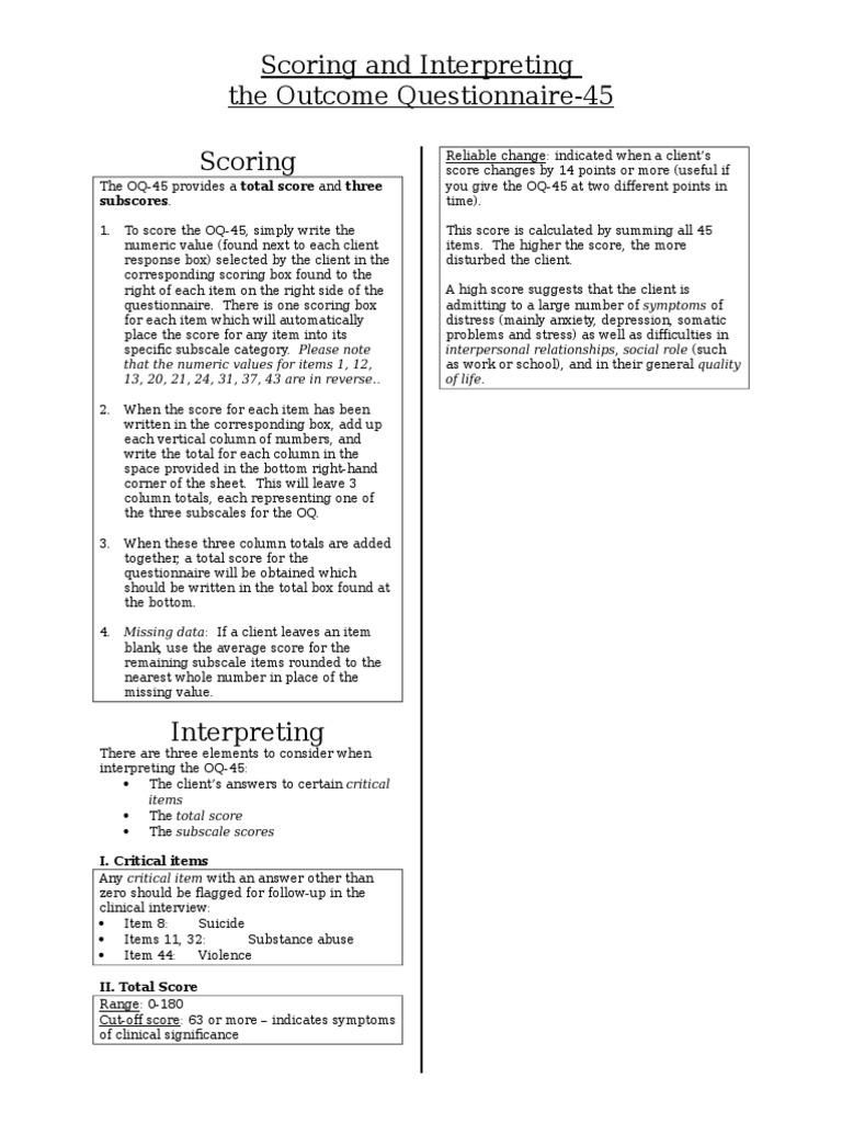 Scoring and Interpreting the Outcome Questionnaire-45 Scoring