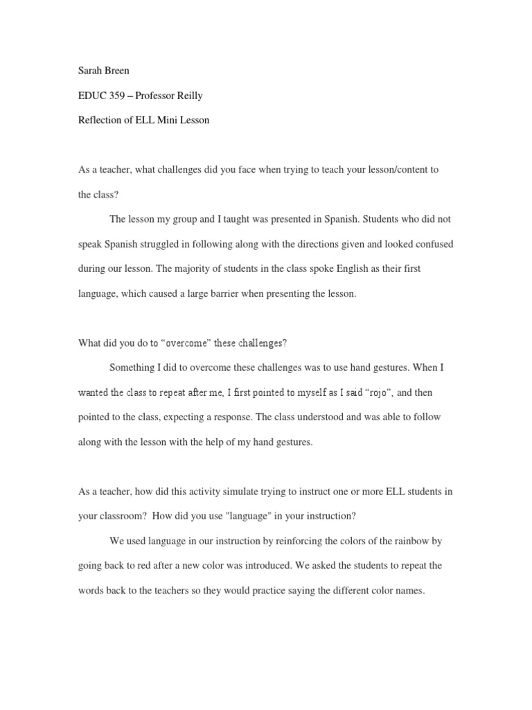 Ell Mini Lesson Reflection | PDF