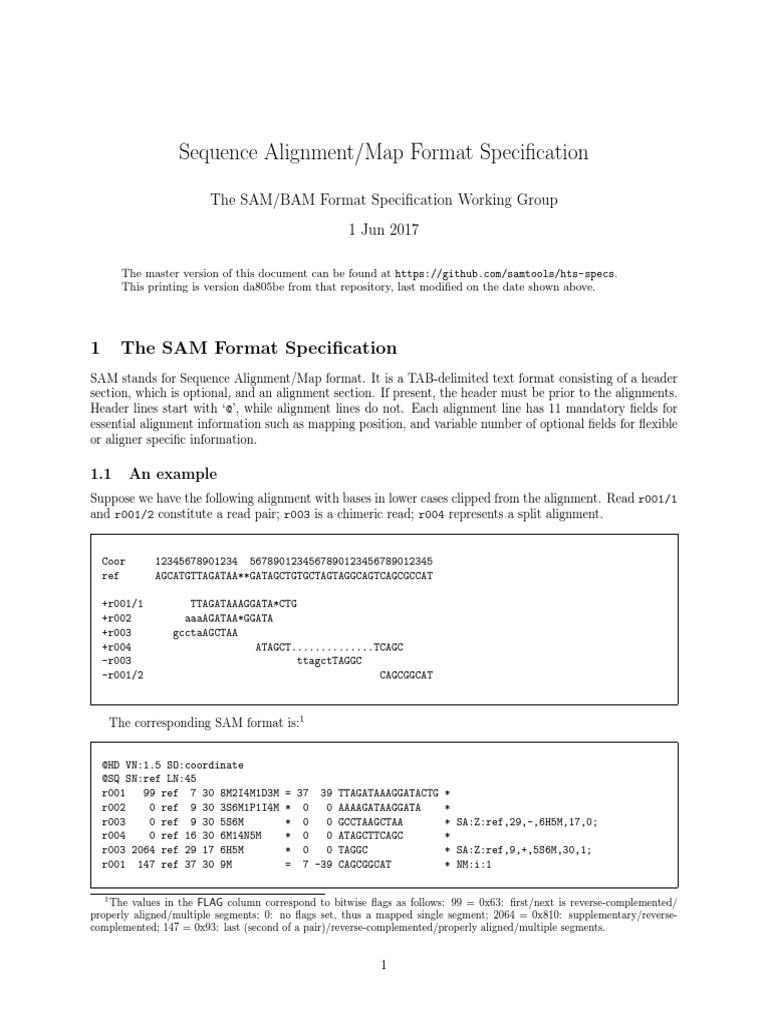 The SAM Format Specification | PDF | Sequence Alignment | Integer ...