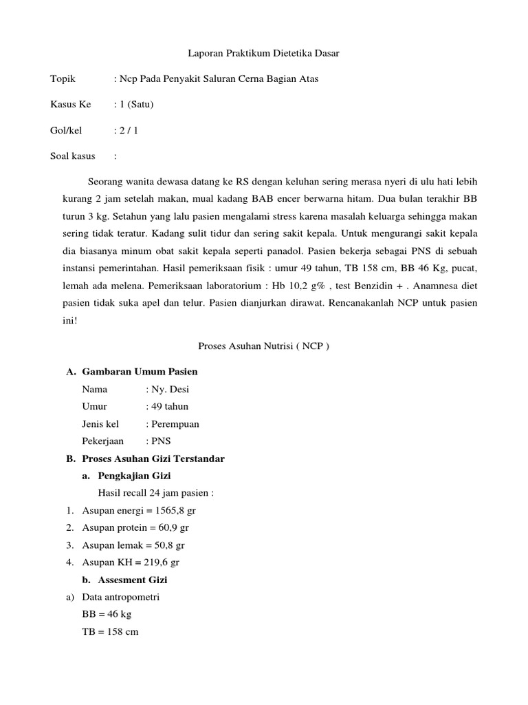 NCP Penyakit Saluran Cerna Atas Kasus 1 Buk Eva (Yezi Arthiya Devina Gol 2 Kel 1) | PDF