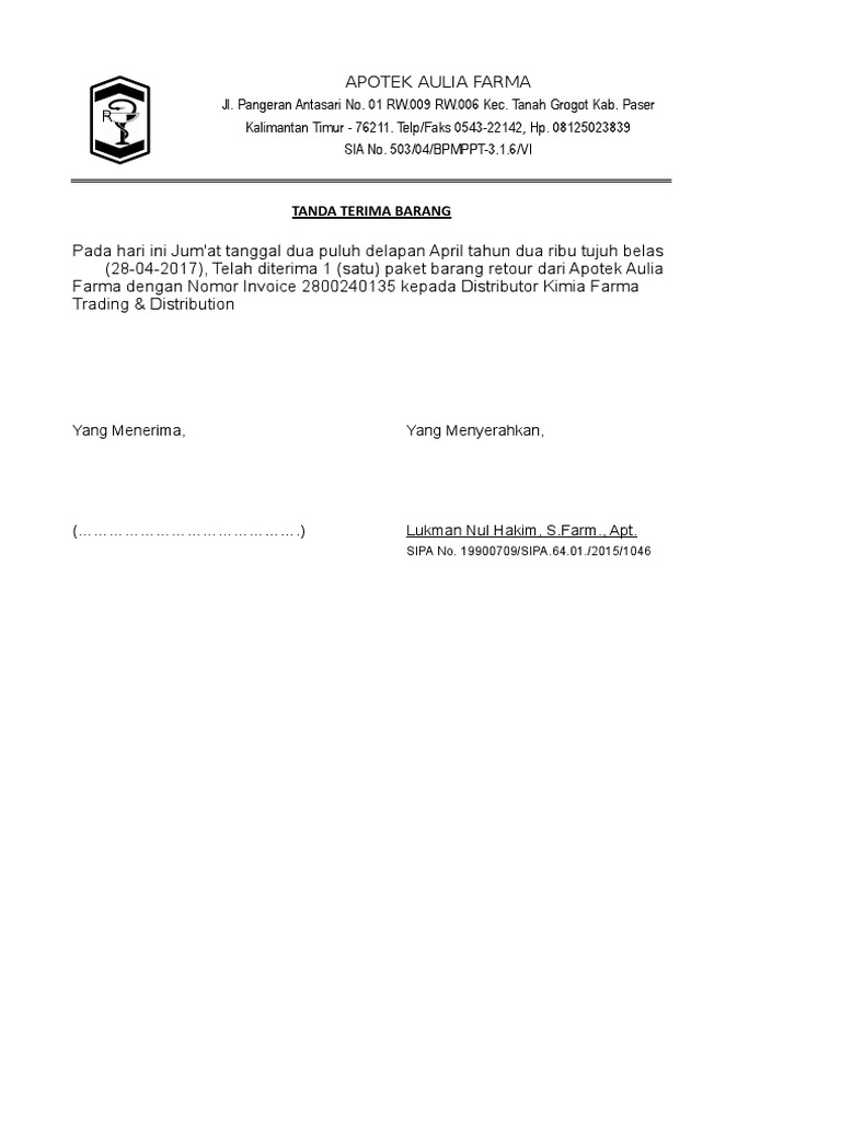 Tanda Terima Retour Obat | PDF
