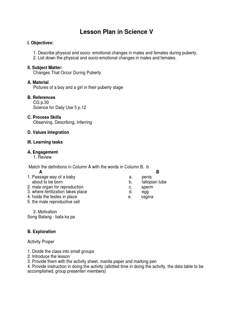 Lesson Plan in Science Vmuller17-18 | PDF | Puberty | Lesson Plan