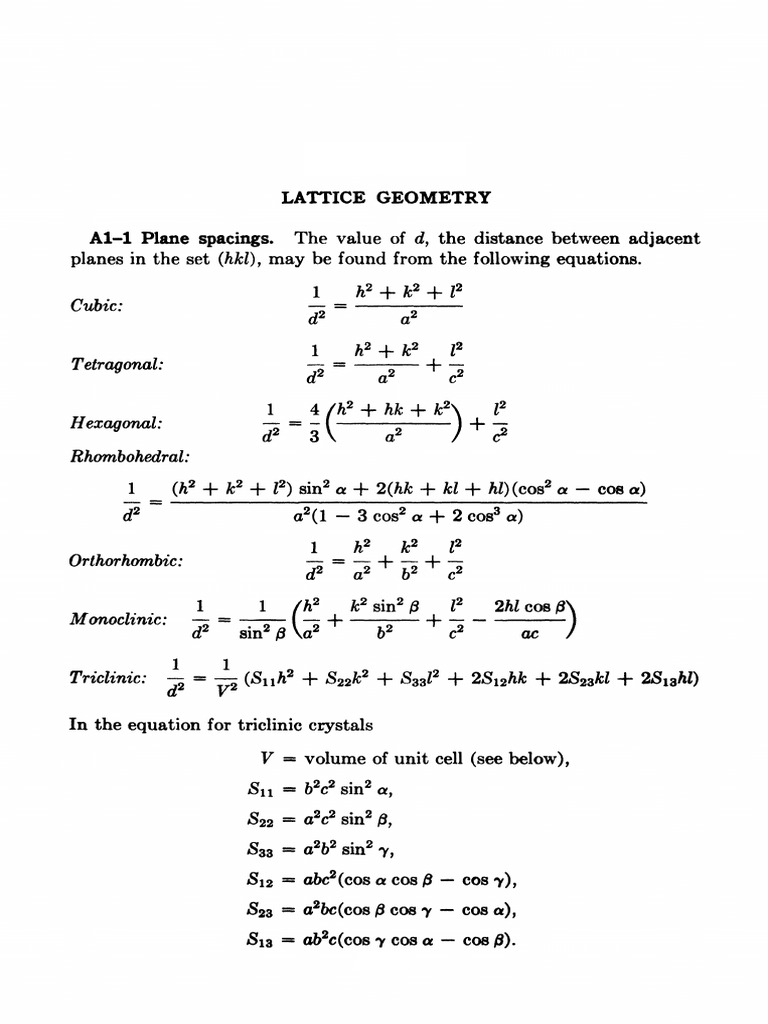 Lattice Geometry: Formulas for Calculating Unit Cell Parameters ...
