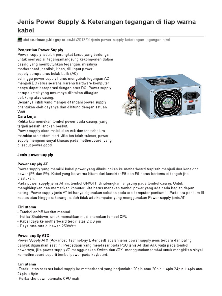 Jenis Power Supply & Keterangan Tegangan Di Tiap Warna Kabel | PDF