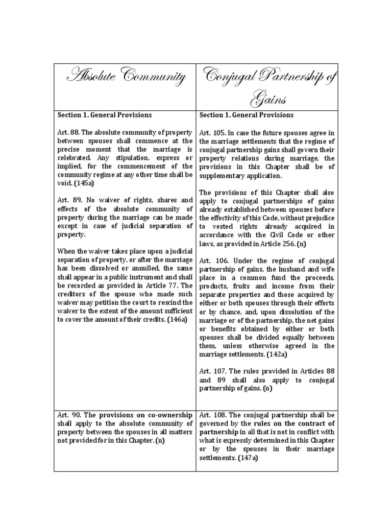 Absolute Community and Conjugal Partnership Table PDF | PDF | Gambling ...