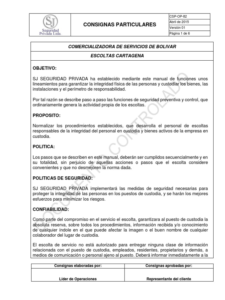 Consignas Particulares Particulares para Escolta | PDF | Calidad ...