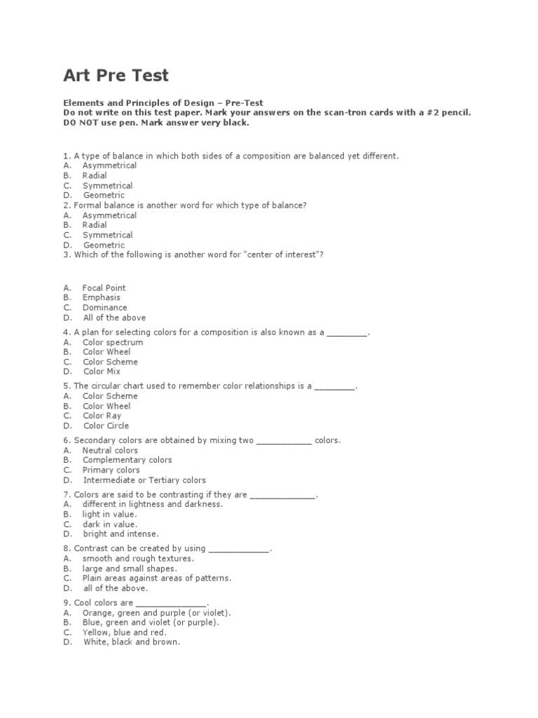 Art Pre Test | PDF | Color | Yellow