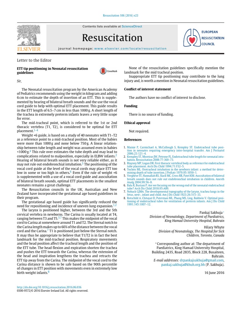 Resuscitation: Letter To The Editor | PDF | Infants | Human Anatomy