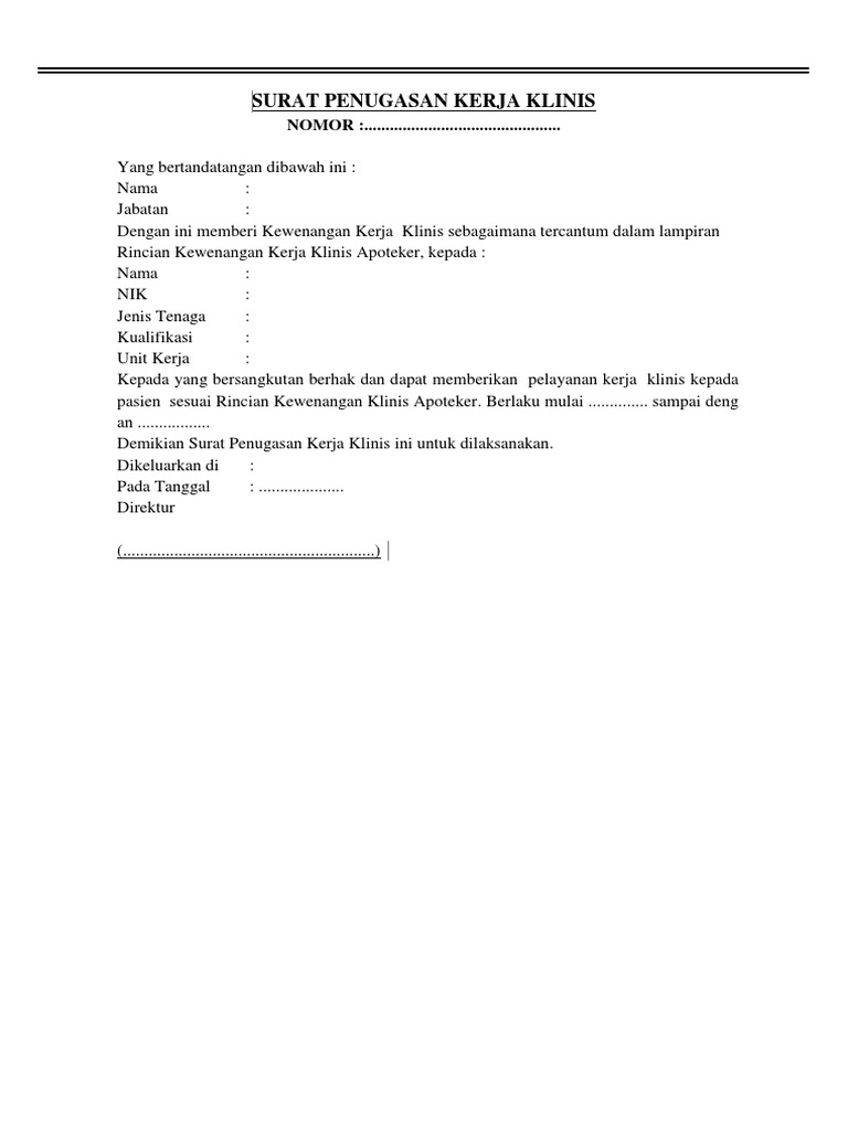 Contoh Surat Penugasan Kerja Klinik Apoteker | PDF