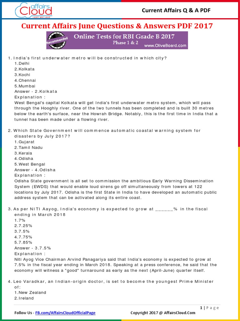 Current Affairs June Question Answer 2017 PDF by AffairsCloud PDF | PDF ...