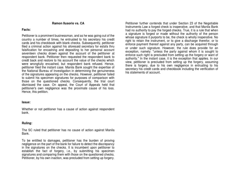 Ramon Ilusorio vs. CA | PDF | Forgery | Cheque