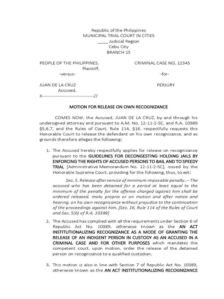 Motion for Release on Own Recognizance | Bail | Perjury