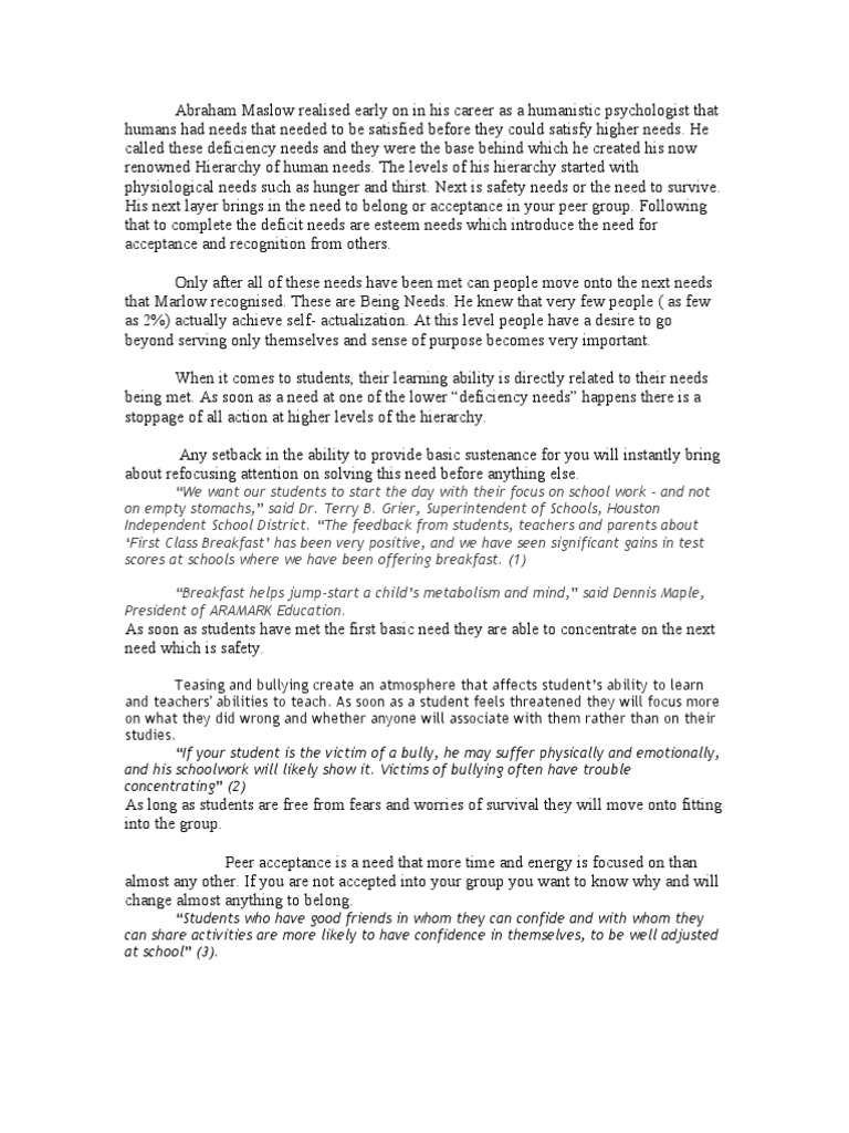 Maslow's Hierarchy of Needs Essay Original | PDF | Social Psychology ...