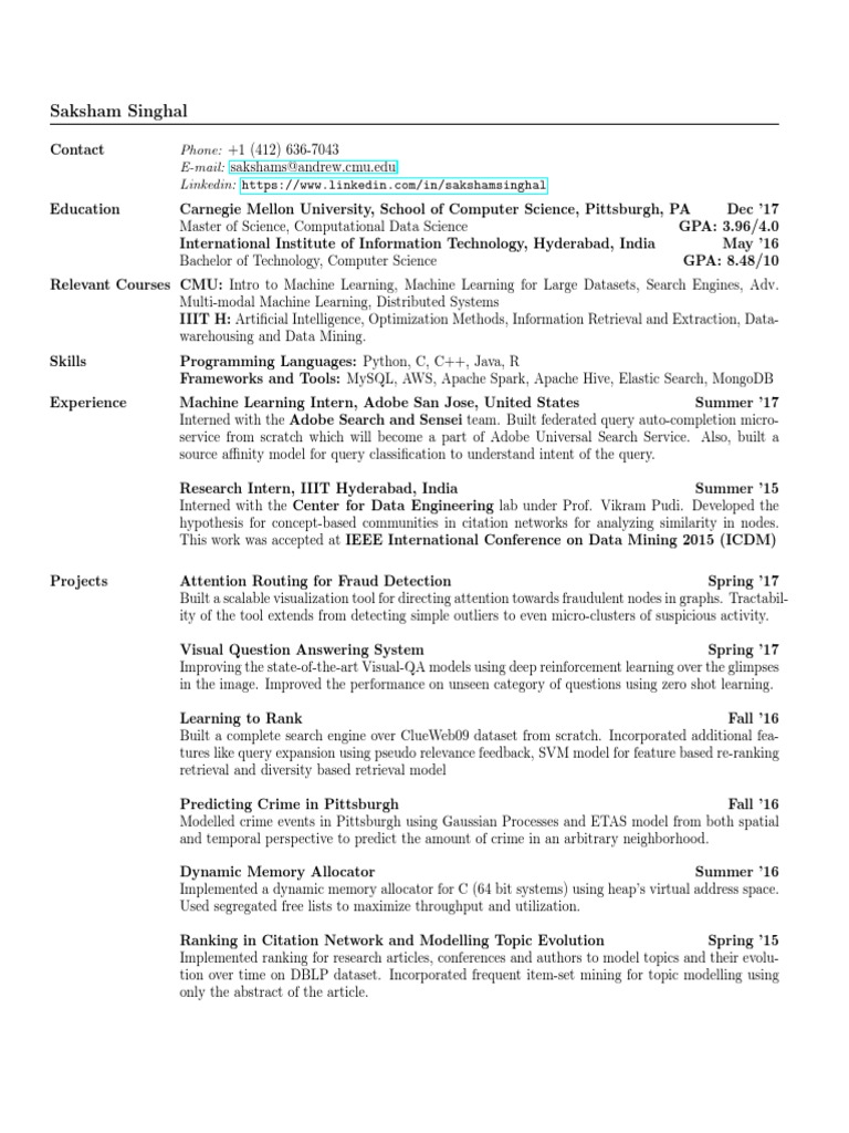 Saksham Singhal Resume | PDF | Machine Learning | Carnegie Mellon University