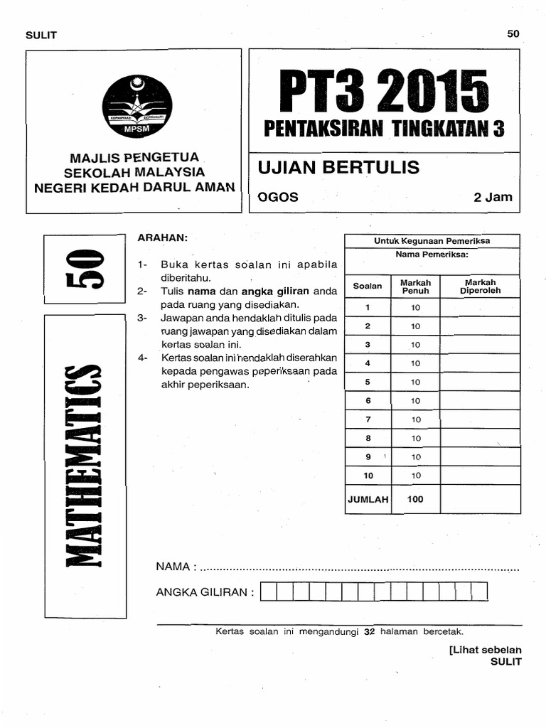 PT3 Kedah Matematik PDF | PDF