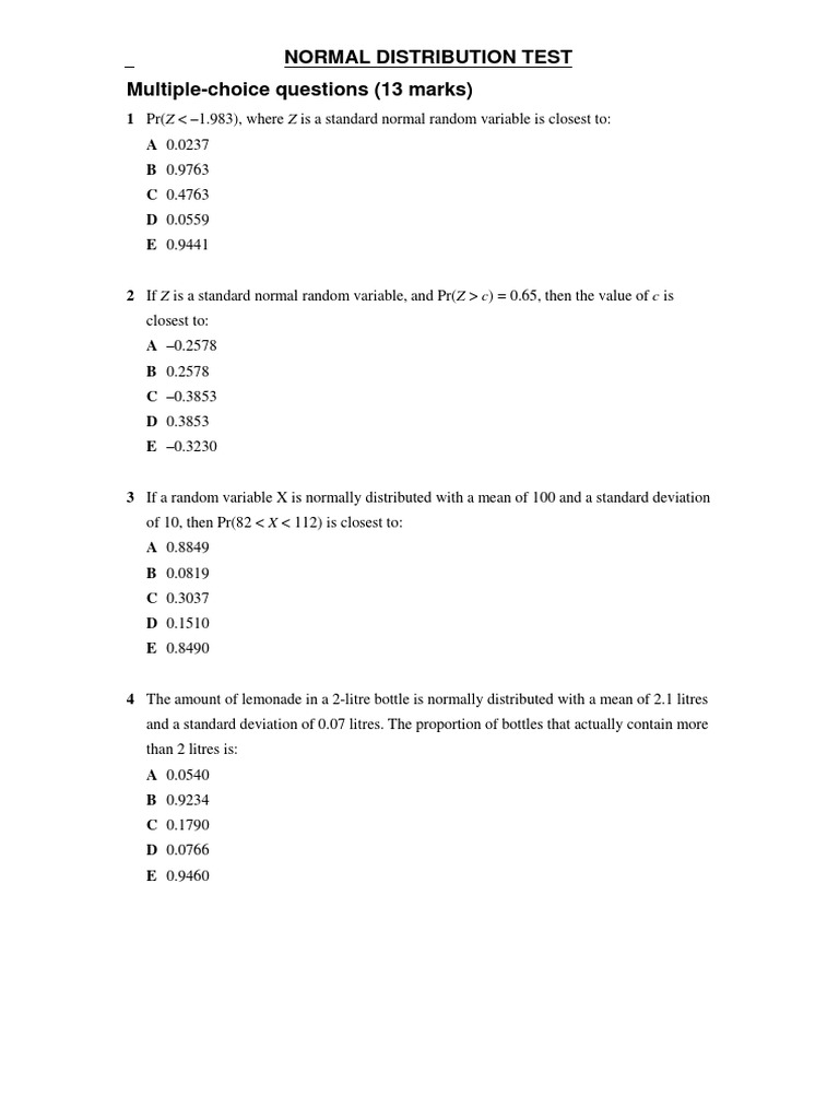 Normal Distribution Test Multiple-Choice Questions (13 Marks) | PDF ...