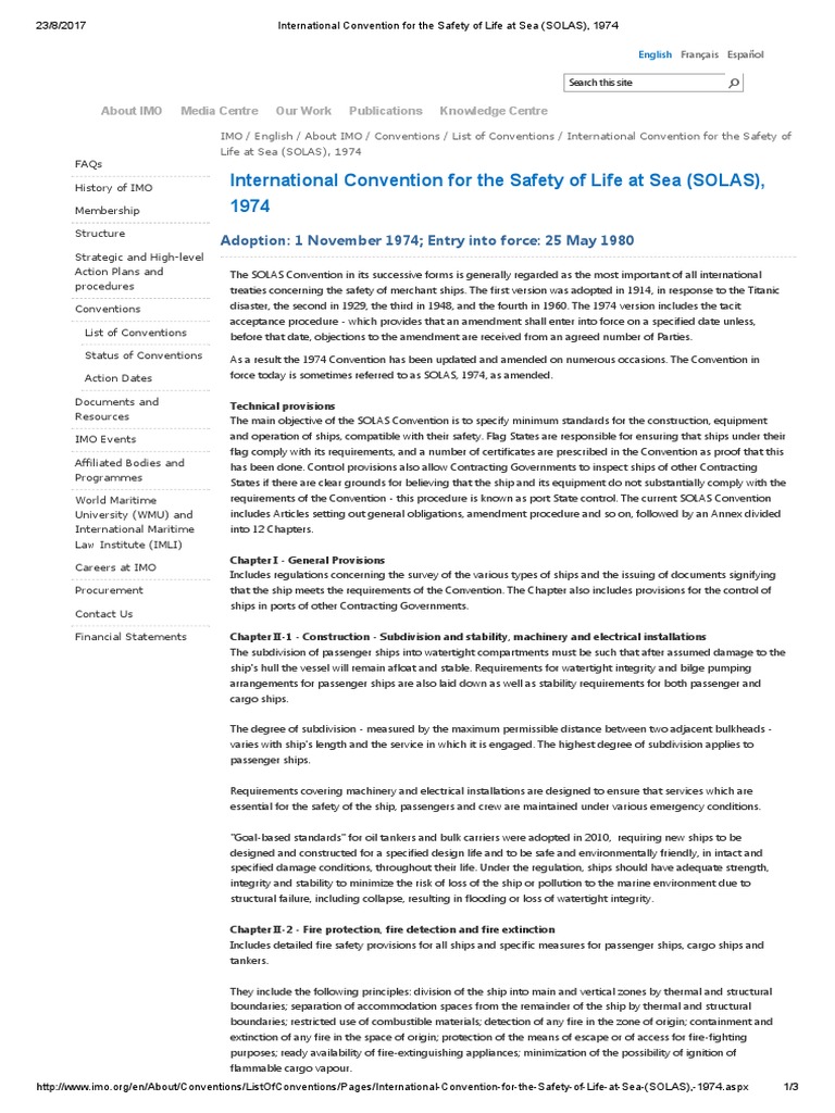 International Convention For The Safety of Life at Sea (SOLAS), 1974 ...