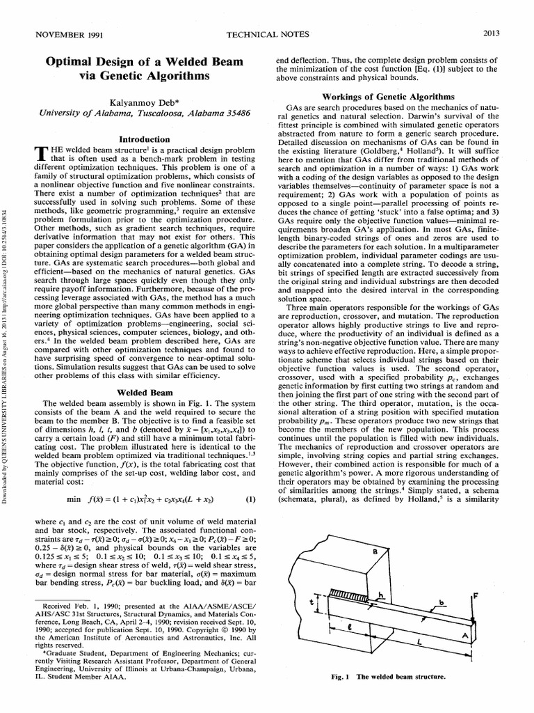 Optimal Design of A Welded Beam Via Genetic Algorithms | PDF | Genetic ...