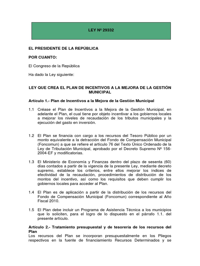 Plan de Incentivos Gestión Municipal | PDF | Presupuesto | Economias