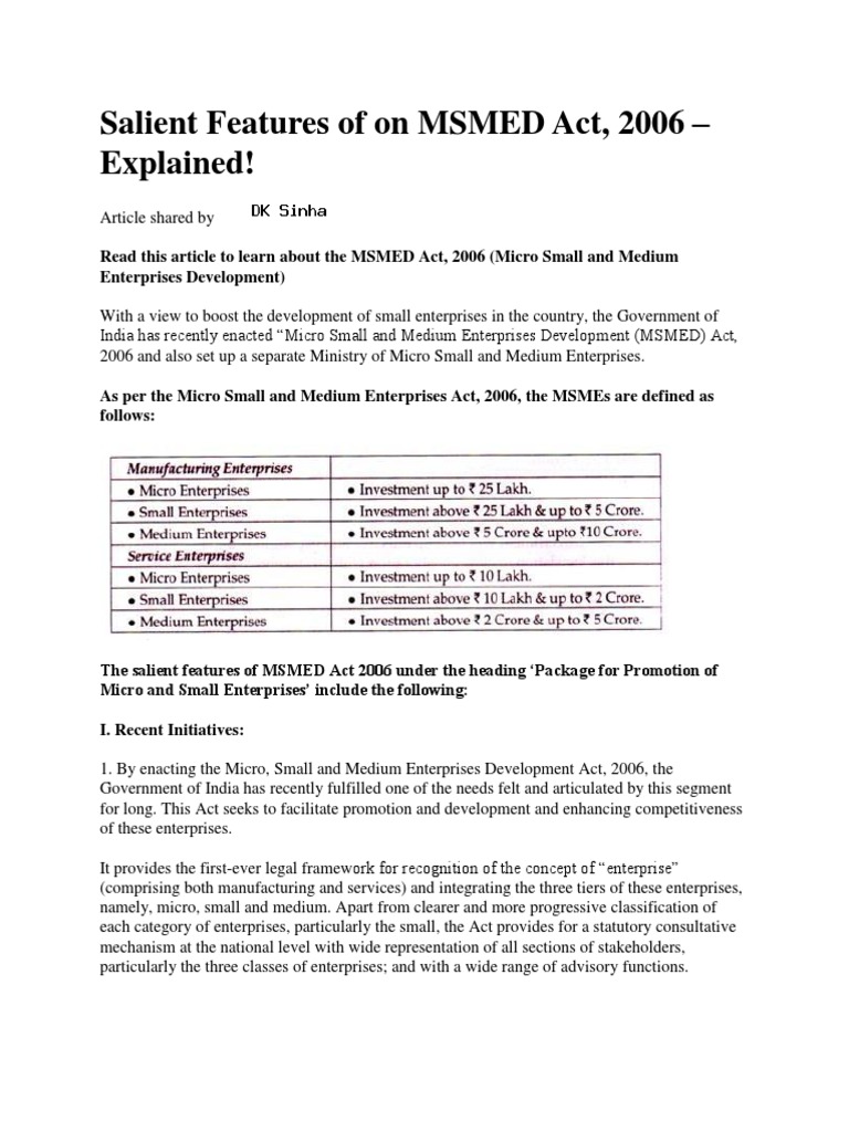 Salient Features of MSMED Act 2006 | PDF | Business | Business (General)