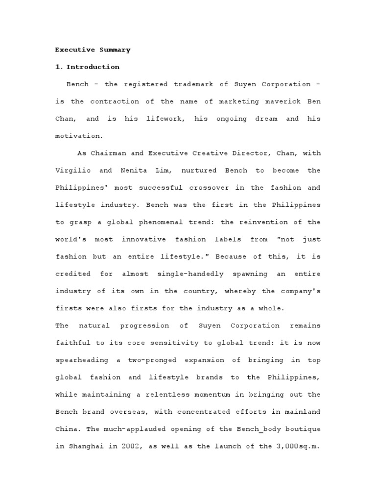Executive Summary of Bench | PDF | Retail | Swot Analysis