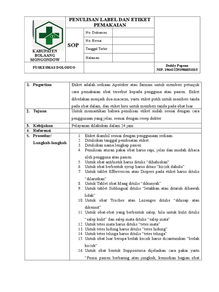 Sop - Penulisan Label Dan Etiket Pemakaian | PDF