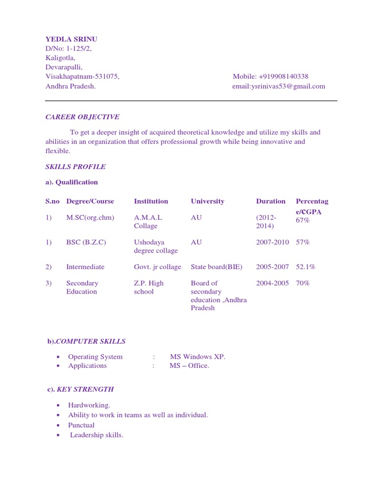 Yedla Srinu: Career Objective | PDF