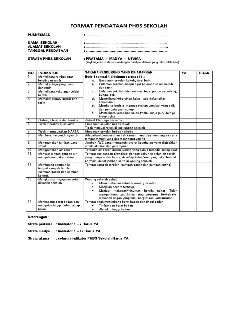 Format Pendataan PHBS Sekolah Puskesmas | PDF
