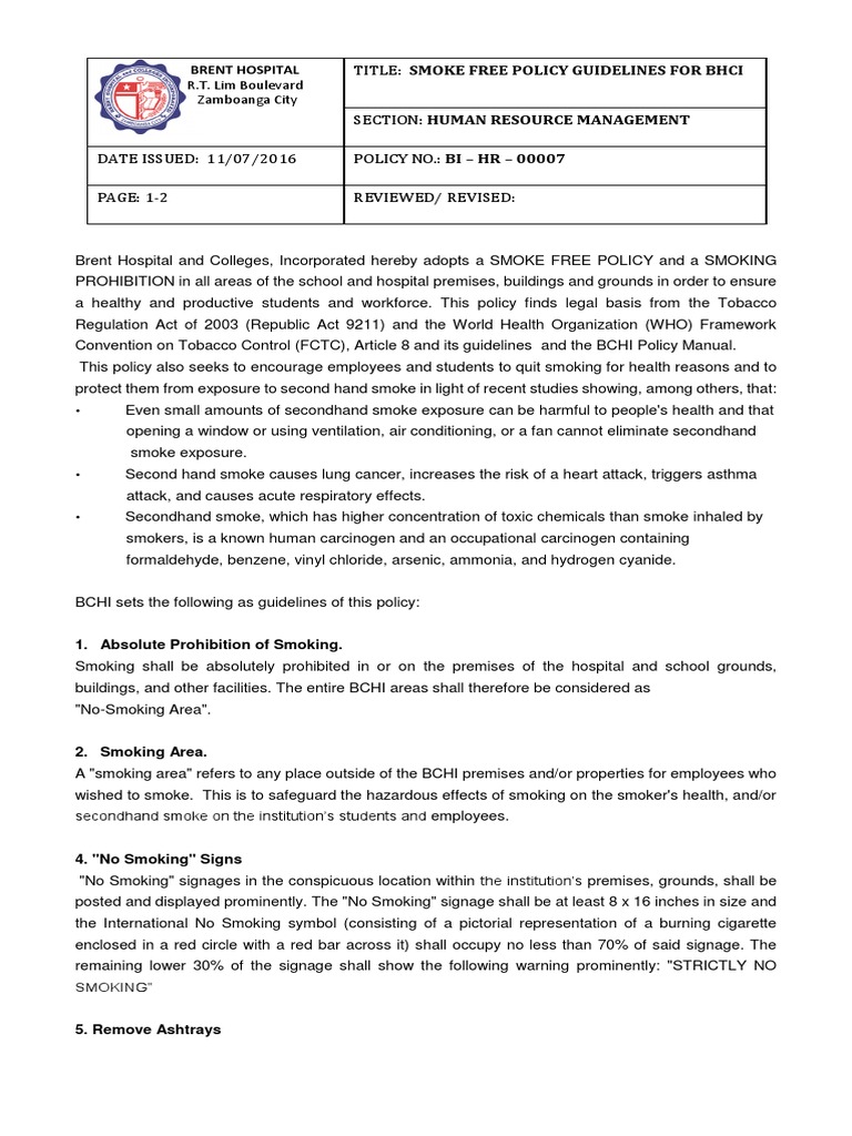 Title: Smoke Free Policy Guidelines For Bhci: 1. Absolute Prohibition ...