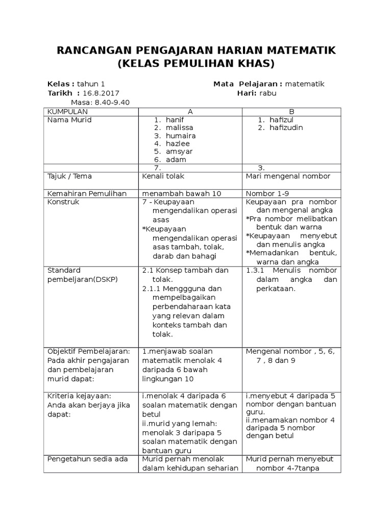 RPH MT Tolak 10, Kenal Nombor | PDF
