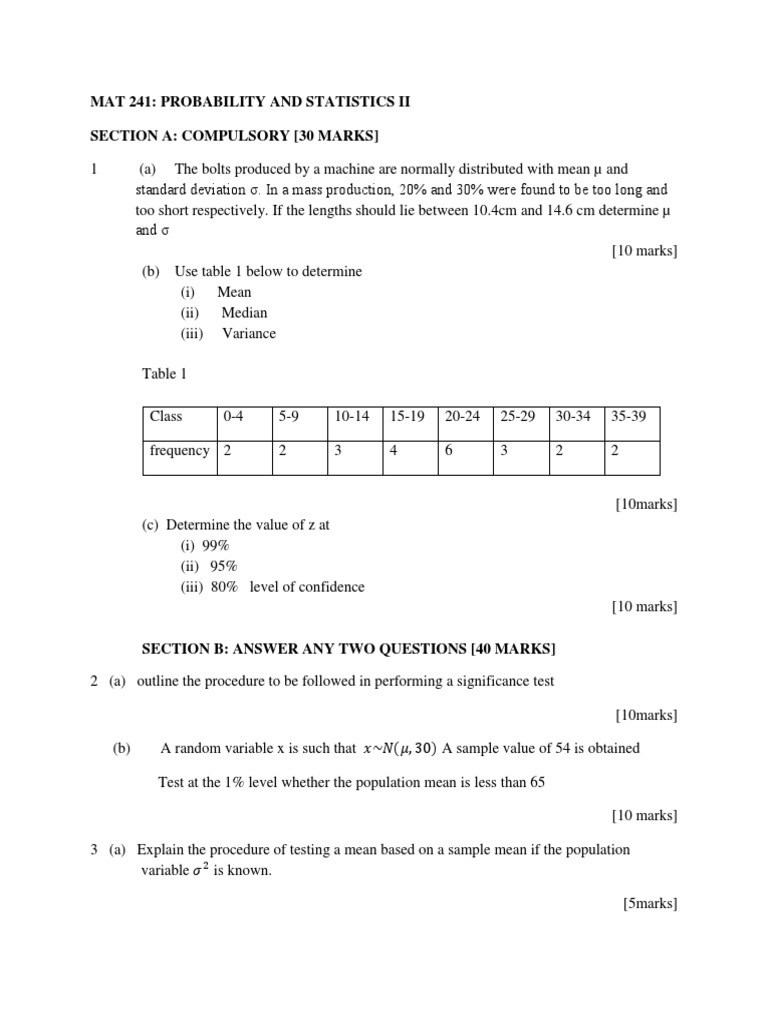 Mat 241 Probability And Statistics Pdf Mean Standard Deviation