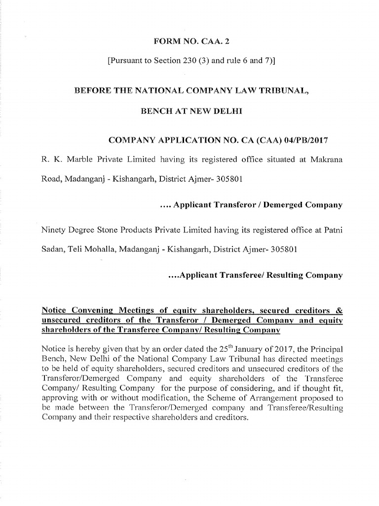 Notice Convening Meeting of Secured Creditor, Unsecured Creditors and ...