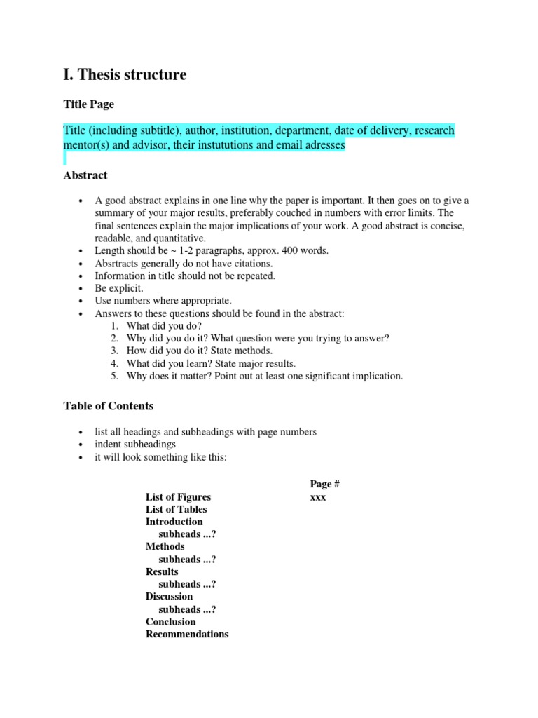 I. Thesis Structure: Title Page | PDF | Abstract (Summary) | Science