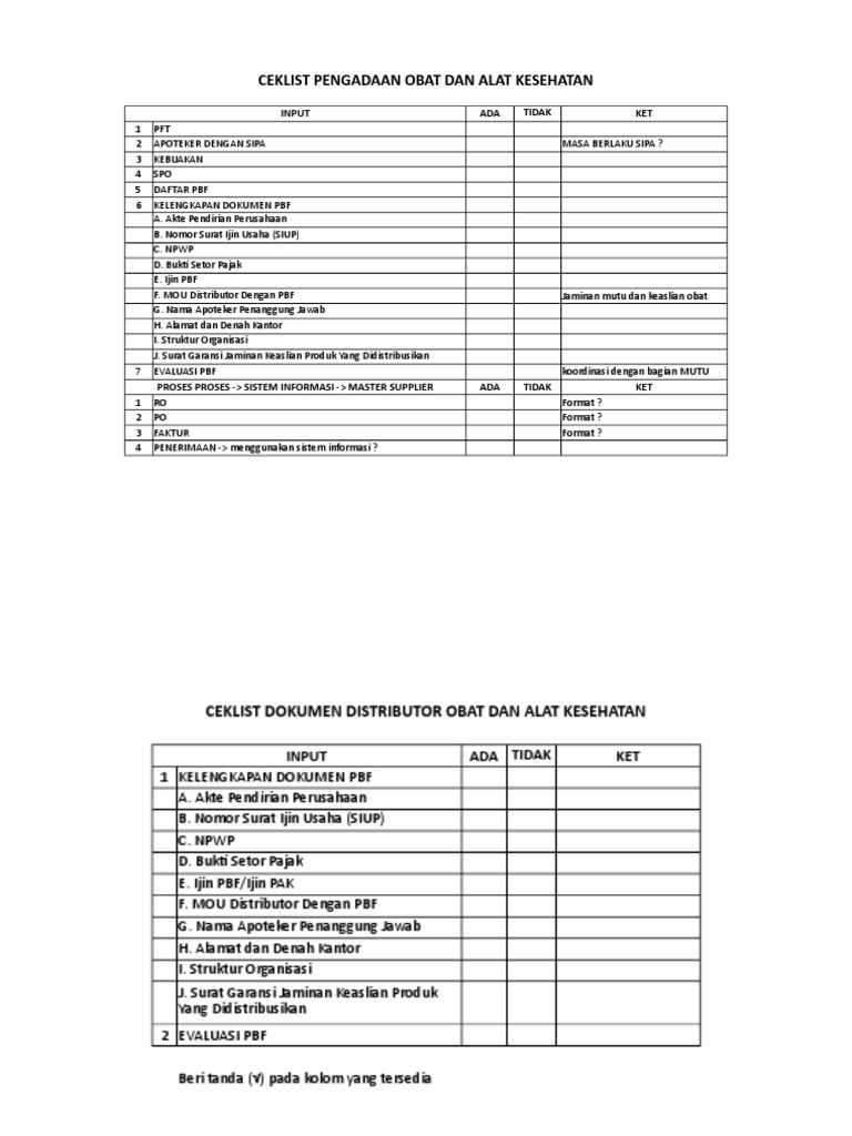 Ceklist Pengadaan Obat Dan Alkes | PDF