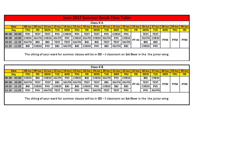 TimeTable-DPS - June Summer Break Time Table - X - 0110 | PDF