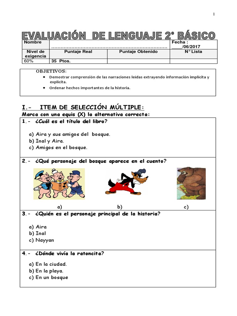 Evaluacion de Lenguaje Amigos en El Bosque2 | PDF | Ocio