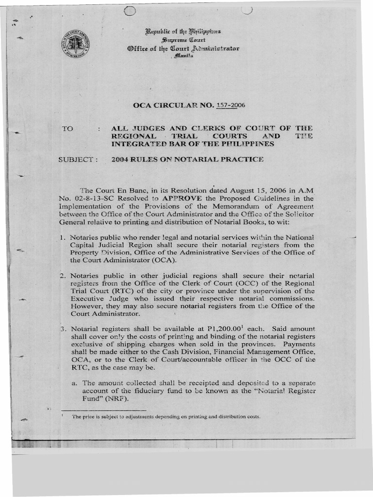 OCA Circular No.157 2006 Notarial Register Guidelines | PDF | Notary ...