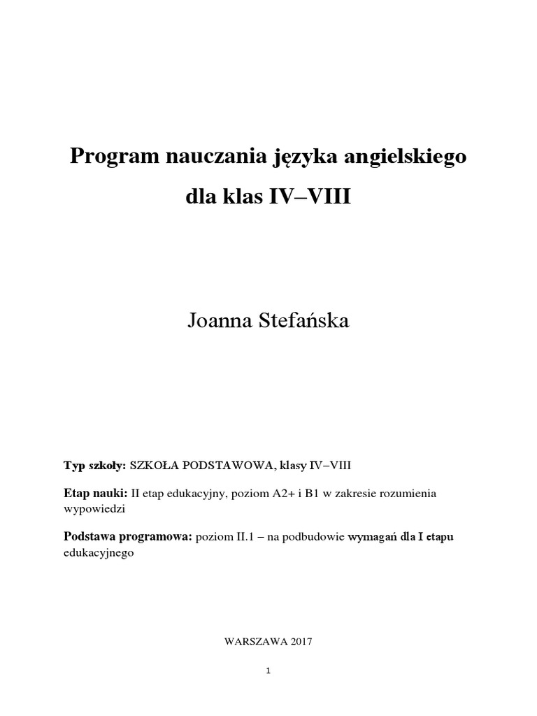 Program Nauczania Języka Angielskiego Dla Klas IV-VIII | PDF
