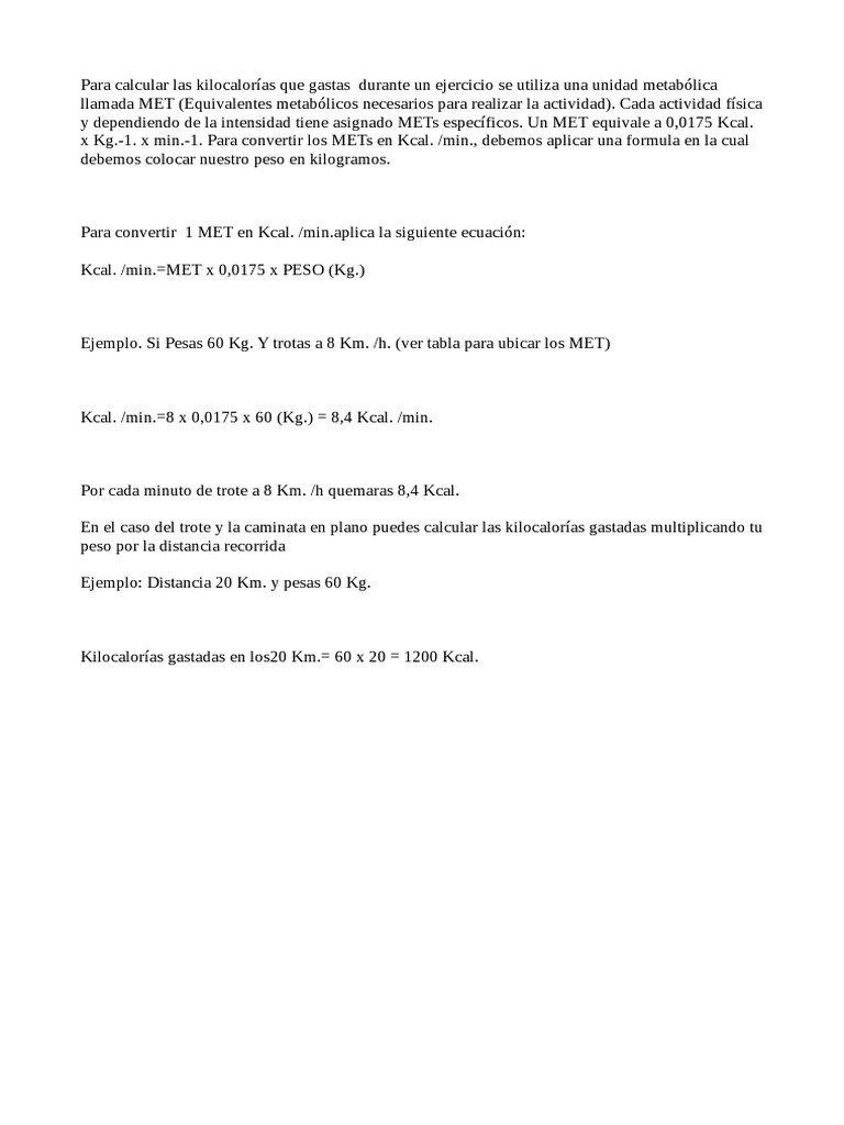 Calories-Mets I Vo2 Máx | PDF | Caloría | Ejercicio físico
